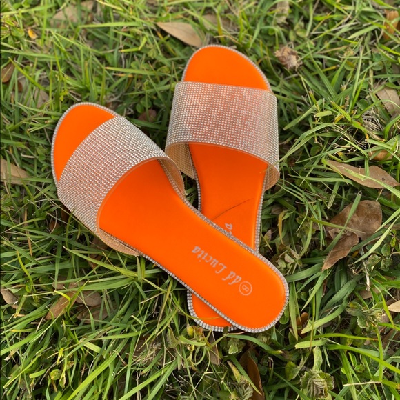 Shoes | Neon Orange Rhinestone Slides | Poshmark